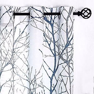 FMFUNCTEX Print Blue White Semi-Sheer Curtain Panels for Bedroom 63” Grey Tree Branch Printing on Linen Textured Window Treatment Set for Living Room Draperies 50”w 2-Pack