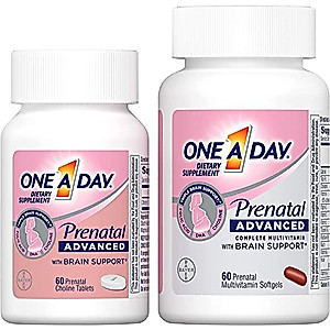 ONE A DAY Women’s Prenatal Advanced Complete Multivitamin with Brain Support* with Choline, Folic Acid, Omega-3 DHA & Iron for Pre, During & Post Pregnancy, 60+60 Ct (120 Total) (Packaging May Vary)