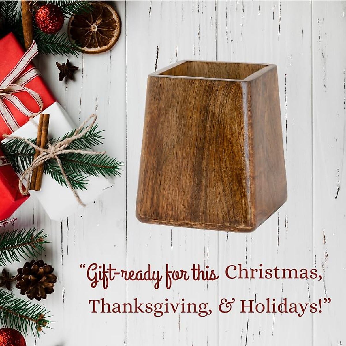 Mie Creations Rustic 7'' Large Utensil Holder Crock for Kitchen Countertop | Thanksgiving Christmas Utensils Crock, Wooden Square Spatula Organizer Caddy for Party, Cooking Counter Decor- Dark Brown