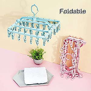 Rivama Foldable Clip Hangers with 32 Clips,Clothes Drying Rack with Clips,Folding Laundry Clip and Drip Drying Hanger for Socks,Underwear,Bras,Lingerie,Towels,Diapers,Baby Clothes,Scarf (Light Pink)