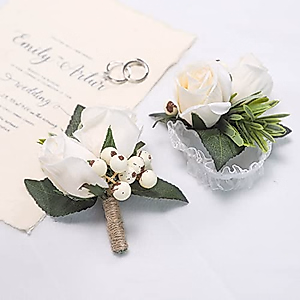 FAYBOX Wrist Corsage Wristlet and Men Boutonniere Set Bridesmaid Wedding Party Prom Hand Flower Decor(2Pcs Ivory Set)