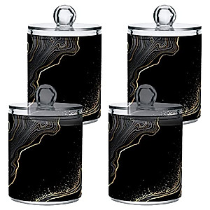 ALAZA Black White Golden Marble 2 Pack Qtip Holder Dispenser with Lid 14 Oz Clear Plastic Apothecary Jar Containers Jars Bathroom for Cotton Swab, Ball, Pads, Floss, Vanity Makeup Organizer