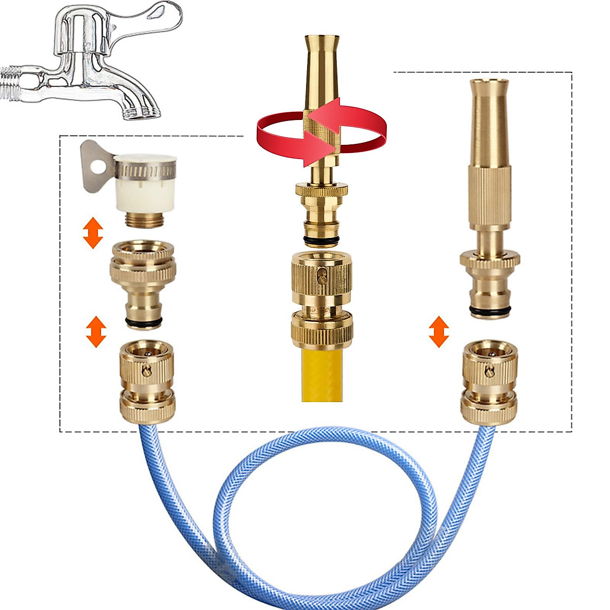 RecDec 2 Pack High Pressure Hose Nozzle Brass Adjustable Twist Spray Sprinkler Heavy Duty Quick Connect Jet Sweeper Spout for Water Gun Tap Spigot Garden Hose Connector Fittings Pipe