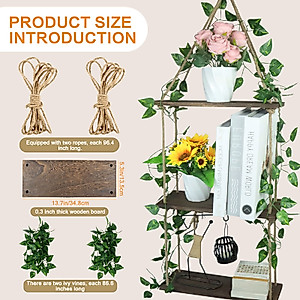 SNOMEL Set of 3 Wood Hanging Shelves with Artificial Ivy & Woven Rope, Rustic Floating Wall Shelves, Hanging Plant Shelf Rack Display for Storage Bedroom Living Room Farmhouse Home Decor