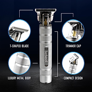 Barbasol Stainless-Steel Rechargeable Zero-Gapped T-Blade Trimmer, Hanging Blade, 3 Guide Combs