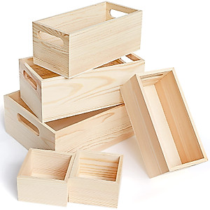 Aweyka 6 Packs Unfinished Wood Box in 5 Sizes Rustic Handles Wooden Box Storage Organizer Container Craft Box Nesting Treasure Boxes for Crafts Home Table Decoration