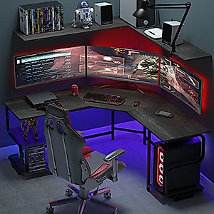 Teraves Modern L Shaped Desk with Shelves,64.84" Computer Desk/Gaming Desk for Home Office,Corner Desk with Large Desktop (Black Oak+Black Frame, Large+4 Tier Shelves)