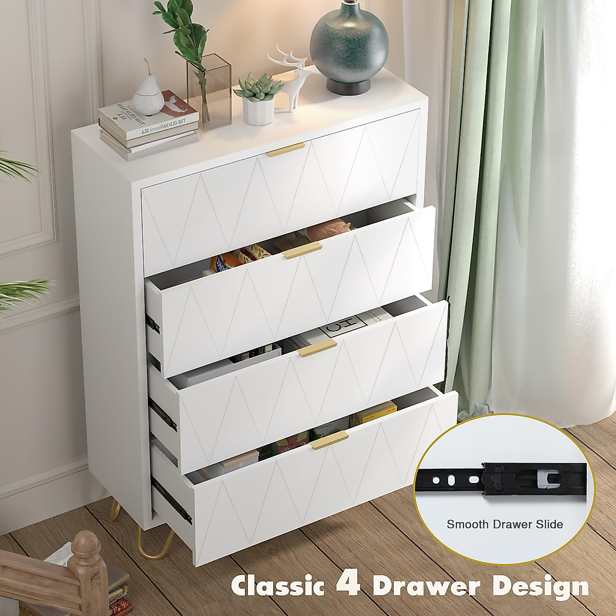 ERGOMORE 4 Drawer Dresser for Bedroom, Wooden Dressers & Chests of Drawers, Large Storage Drawer Cabinet, Modern Design Drawer Dresser for Bedroom, Hallway, Living Room, White