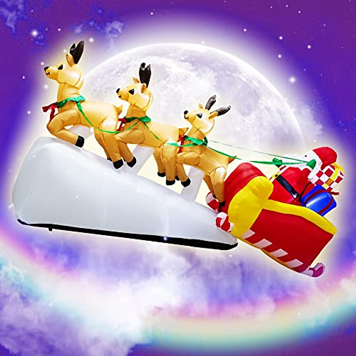 luxfcup 9FT Long Christmas Inflatable Santa Reindeer Decoration for Outdoor Yard Santa Sleigh Inflatable Outdoor Decorations with LED Lights Christmas Blow Up 3 Deers with Sleigh Decor