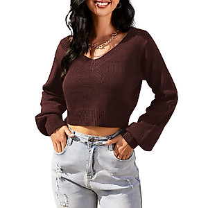 ZAFUL Women's Cropped Sweater V-Neck Long Sleeve Crop Sweater Pullover Jumper Knit Top (1-Deep Coffee, S)