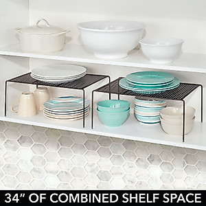 mDesign XL Raised Metal Kitchen Pantry Stacking Plate Organizer Storage Shelves, Cabinet Shelf Rack for Cupboard, and Cabinet - Store Food, Dishes, Bowls, Mugs, Concerto Collection, 2 Pack, Bronze