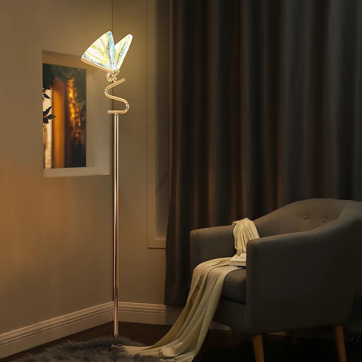 O'NEELDY Gold Butterfly, Decorative Goose Neck Design, 12W LED Standing Tall Lamp for Living Room, 4000K Warm White Energy-Saving Modern Floor Lamp for Bedroom Office, Acrylic