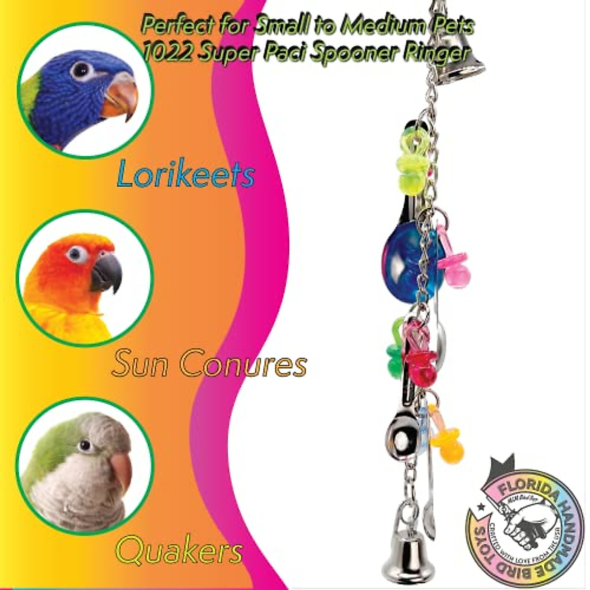 Mandarin Bird Toys 1022 Super Spooner Ringer by M&M Handmade Stainless Steel Noisy Versatile Aviary Toy, Shiny Spoons, Acrylic Pacifiers, Metal Bells, Great for Medium Pets African Grey Conure Quaker