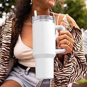 HQFFPOO 40 oz Tumbler with Handle and Straw Stainless Steel Coffee Travel Mug with Lid Insulated Water Bottle Reusable Leak Proof for Sports, Women, Men, Work - White