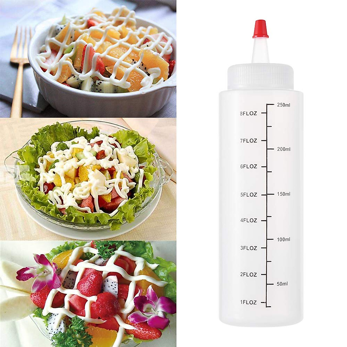 14 Pack 8 oz/250ml Plastic Squeeze Bottles with Red Tip Cap & Black Scale Plastic Squirt Bottle for Ketchup,Sauces,BBQ, and More。