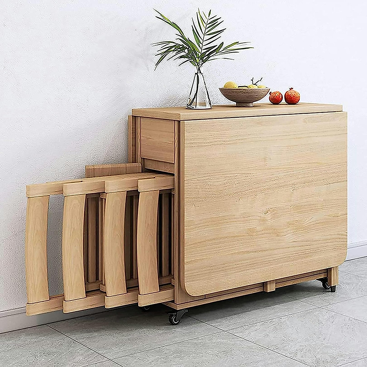 Dining Table Set, Solid Wood Drop Leaf Table, Extendable Moveable Folding Table with Wheels and 4 Chair, Saving Space, Round Edge Design, for Kitchen Dining Room