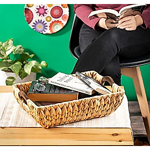 ADO Basics Large Water Hyacinth Hand Woven Basket with Stain Resistant Polished Wooden Handles, Storage Wicker Baskets 15" Length, 10.6" Width, 5.3" Height, Set of 2