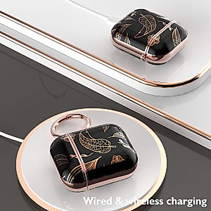 TATOFY Case Cover for AirPods 1&2, Stylish AirPods Case for Women Girls, Flower Patterns Protective Hard Case with Clip (Golden Black)