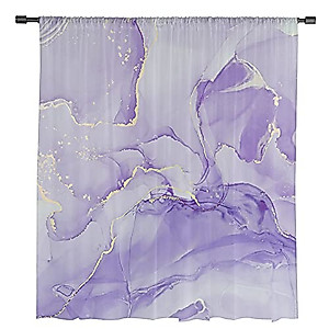 Chiffon Sheer Curtains & Drapes 45 Inch Long, Lightweight Breathable Voile Window Curtain Panels Purple Marble with Gold Glitter Splatter Curtains Backdrop Drapes for Bedroom Livingroom Wedding