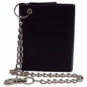 Men's RFID Blocking Premium Leather Chain Trifold Wallet (Black with Chain)