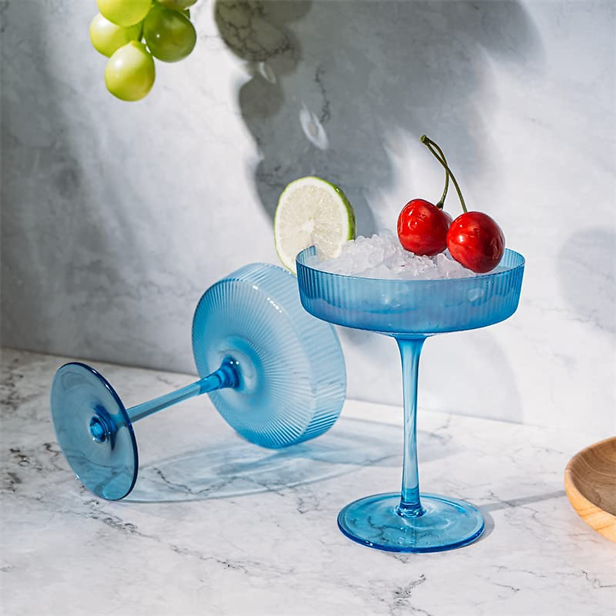 Rose Pink Ribbed Coupe Cocktail, Champagne & Martini Glasses 8 oz | Set of 2 | Retro Style Classic Manhattan Glasses For Cocktails, Ripple Coupe Glasses, Art Deco Gatsby Vintage, Crystal with Stems