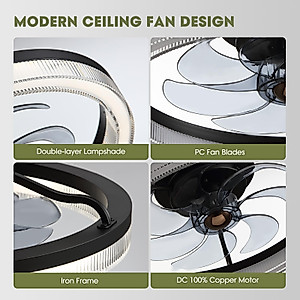 LUDOMIDE Ceiling Fans with Lights, 20" Low Profile Ceiling Fan with Light Remote Control, Flush Mount Fandelier Ceiling Fan 6 Wind Speeds 3 Color Changeable for Bedroom, Kitchen and Kids Room (Black)