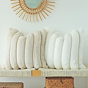 JOJUSIS Pack of 2 Faux Fur Plush Decorative Throw Pillow Covers Couch Cushion Case Soft Fluffy Pillowcases Wide Stripe Beige 18 x 18 Inch