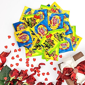 Valentine’s Day SourPatchKids Swedish Fish Candy Bulk for Romantic Sweet Indulgence - Individually Wrapped Mini Mix Variety Pack for Kids, Include 22 Gummy Treat Fun Size Bags, 9.7oz (44Count)