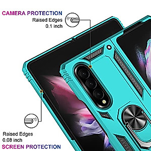 IKAZZ Galaxy Z Fold 3 Case,Samsung Z Fold 3 Cover Military Grade Shockproof Heavy Duty Protective Phone Case Pass 16ft Drop Test with Magnetic Kickstand for Samsung Galaxy Z Fold 3 Turquoise
