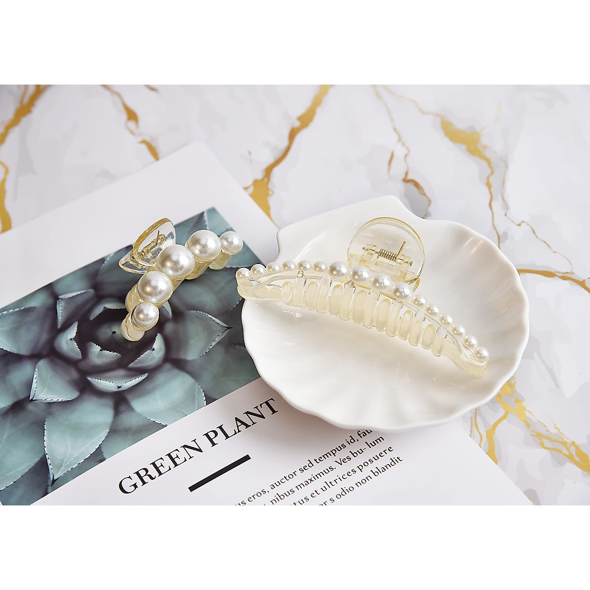 DEEKA 5 Pcs Large Pearl Hair Claw Clips White Black Thick Long Jaw Clips Barrettes Hair Accessories for Women and Girls