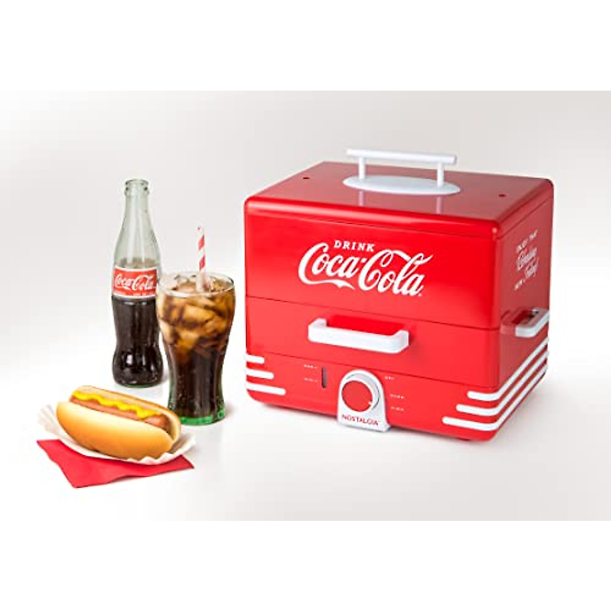 Nostalgia Extra Large Diner-Style Coca-Cola Hot Dog Steamer and Bun Warmer, 24 Hot Dog and 12 Bun Capacity, Steam Bratwursts, Sausages, Vegetables, Fish, Dumplings, Red