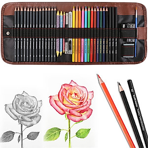 Heshengping, 41pcs Sketching Pencil Set Drawing Sketch Kit Graphite Pencils Charcoal Pencils Watercolor Pencils Blending Stumps 50page sketchbook, coloring book, Beginners Artist Teens and Adults