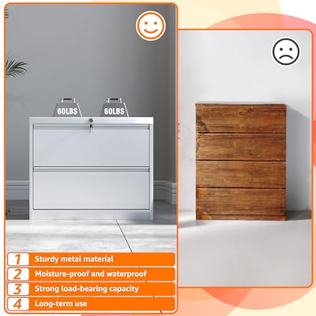 METAN Metal Lateral Filing Cabinet with 2 Drawers for Home Office, Locking Steel Wide File Storage Cabinet for Hanging Legal/Letter A4 Size, Assembly Required, White