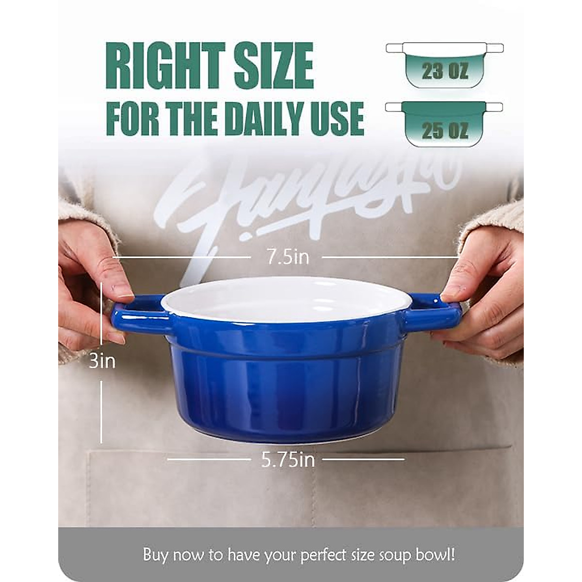 Lareina Gradient Blue 25oz Ceramic Modern Soup Bowls Set of 4 with Handles