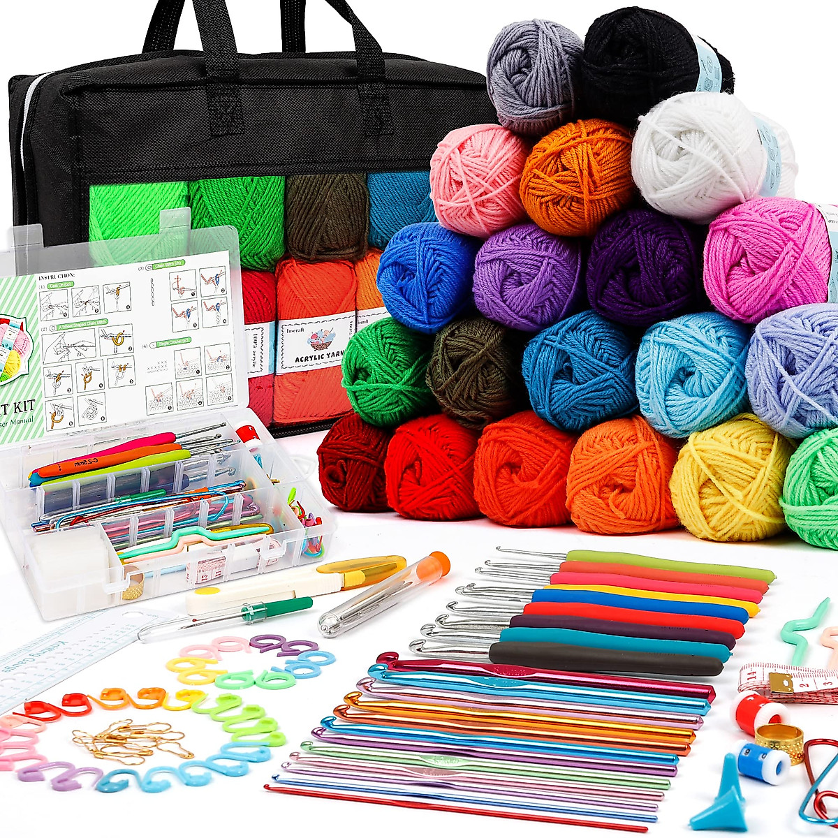 20 Large Acrylic Yarn Skeins-105 PCS Crochet Kit with Hooks Yarn Set, Premium Bundle Includes 2000 Yards Yarn Balls, Needles, Accessories, Ideal Starter Pack for Kids Adults Beginner Professionals