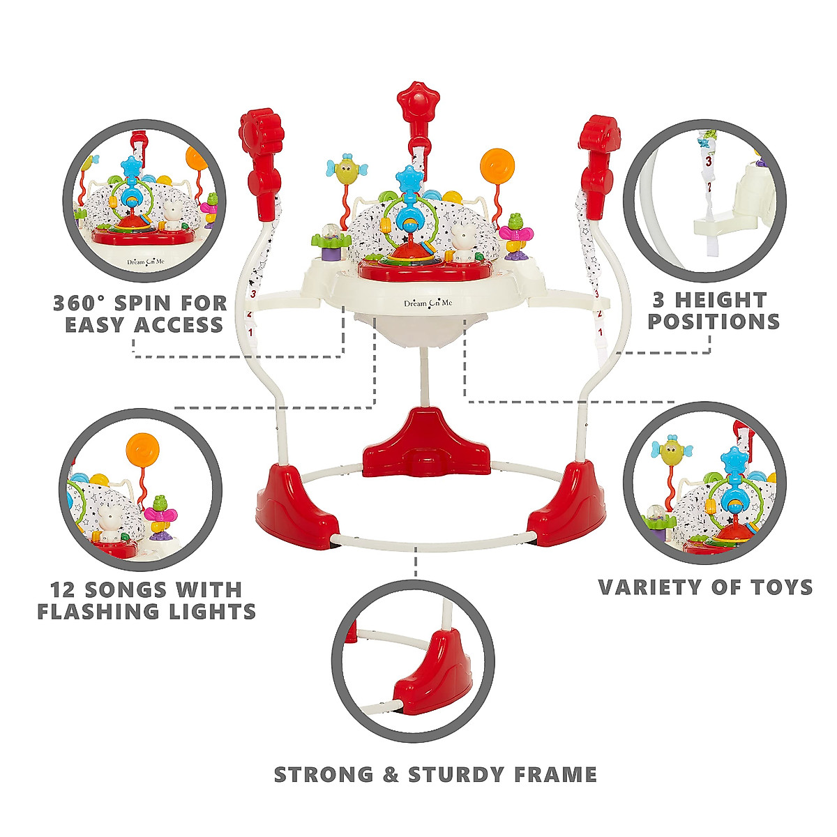 Dream On Me Zany 2-in-1 Baby Activity Center and Bouncer in White and Black Print, Sturdy and Strong Frame, 3 Height Positions, 360° Rotating Seat, 12 Songs with Flash Lights