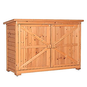 Outdoor Storage Cabinet with Double Doors, Fir Wood Garden Shed, Outside Tool Shed, Vertical Storage Organizer Cabinet with Double Lockable Doors for Outside, Garden and Yard,Natural