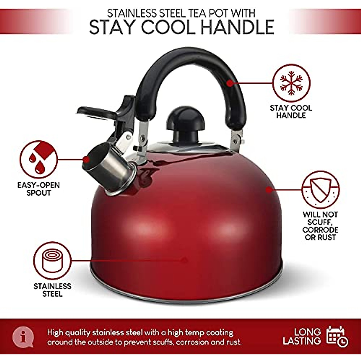 ELITRA Whistling Tea Kettle - Stainless Steel Tea Pot with Stay Cool Handle - 2.6 Quart / 2.5 Liter - (RED)