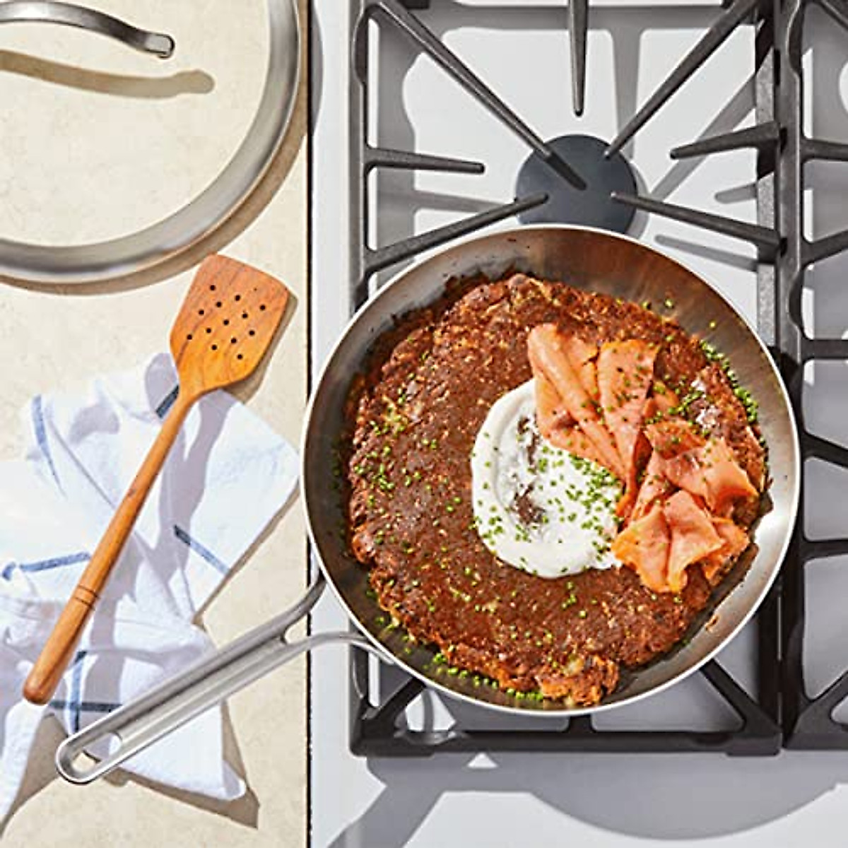 GreenPan X Food 52 Five-Two Essentials, Tri-Ply Stainless Steel 12" Frying Pan Skillet with Lid, PFAS-Free, Multi Clad, Induction, Dishwasher Safe, Oven Safe, Silver