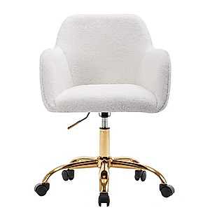 Modern Teddy Home Office Chair, Upholstered Cute Desk Chair with Gold Metal Legs, Adjustable Swivel Task Chair with Wheels, Vanity Chair for Girls Women Small Space Bedroom Study Makeup, White