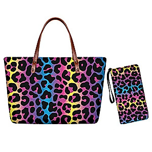BYCHECAR Handbag and Wallet For Women Rainbow Leopard Pattern Tote Bags Large Capacity Top Handle Satchel Purse