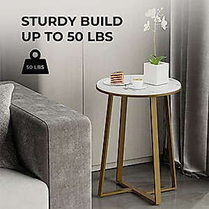 Dorriss Round End Tables, Small End Table White Marble Texture MDF Top,Metal Frame Gold Color, Tall End Table for Bed Room,Coffee Tea End Table for Living Room (White Marble+Gold)