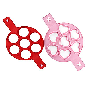 Flip N Cook Pancake, Flip N Cook Silicone Pancake Mold, Flip and Cook Pancake Maker, Reusable Fried Egg Molds, Flip'n'cook Silicone Pancake Mold, Reusable silicone omelet mold (Round-Red+Heart-Pink)