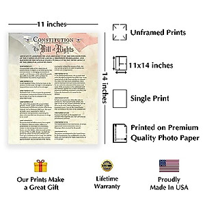 USA Constitution & Bill of Rights - Patriotic Wall Decor Poster Print, This Parchment Replica With American Flag Wall Art Poster Print Is Ideal For Home, Office, & School Wall Art Unframed -11x14"