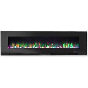 Hanover Fireside 60'' Wall Mounted Electric Fireplace with Crystal Rock Display and LED Multi-Color Realistic Flame, Modern Wall Fireplace Heater for Home and Office with Remote Control in Black