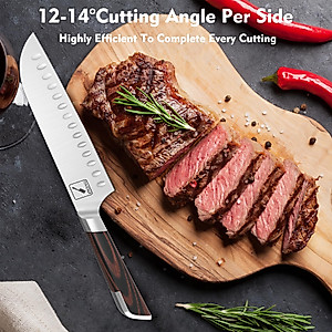 imarku Damascus Chef Knife, Super Sharp Kitchen Santoku Knife 7 Inch, Powder Steel Forged Japanese Cooking Knife for Collection, Chopping Meat Vegetable, Gifts for Women and Men