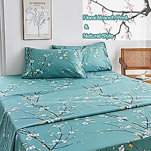 ZRNBAST Teal Sheet Set 4 Pcs Full Sheet Set Floral Print Flat Sheet Fitted Sheet Farmhouse Shabby Bedding Sheets Easy Fit Microfiber Sheets-All Seasons (Teal, Full)