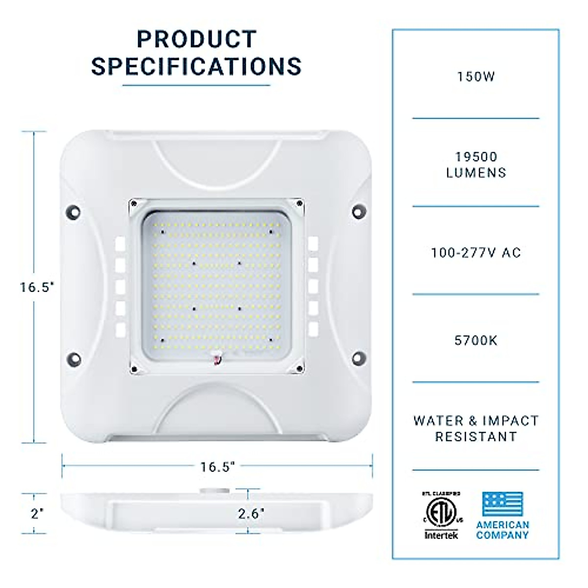 Parmida LED Canopy Light, 150W, Dimmable, 100-277VAC, IP65 Waterproof, ETL-Listed, Shop Light, 5700K, 16.5” x 16.5”, Gas Station, Warehouse, Garage, Street, Area & Outdoor Lighting, Commercial Grade