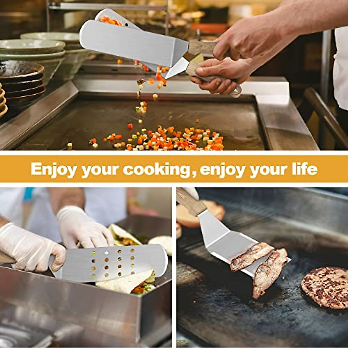 Metal Spatula Set of 5, HaSteeL Heavy Duty Griddle Accessories Kit, Durable Stainless Steel Burger Turner Flipper Scraper Tools for Flat Top Grill Teppanyaki Cast Iron, Indoor & Outdoor, Easy to Clean