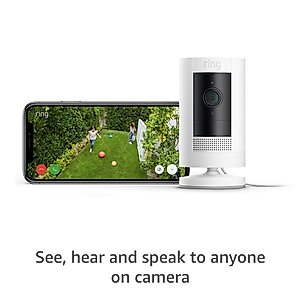 Certified Refurbished Ring Stick Up Cam Plug-In HD security camera with two-way talk, Works with Alexa - White